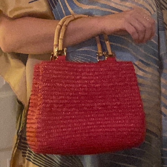 Vintage | Bags | Vintage 7s Red Straw Bamboo Handle Small Boxy ...